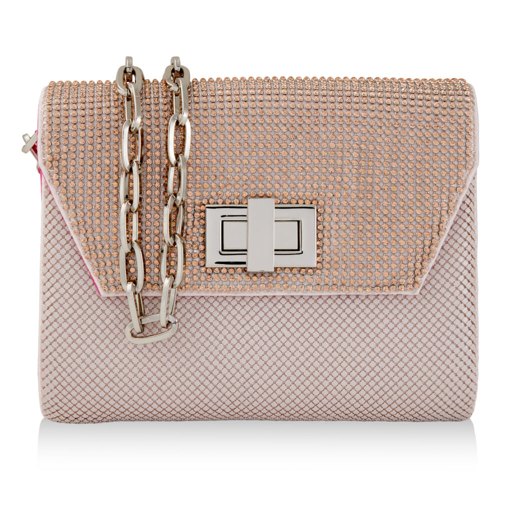 Camelia Turn Lock Crystal Clutch: Sparkling Peach Crystal Flap ...